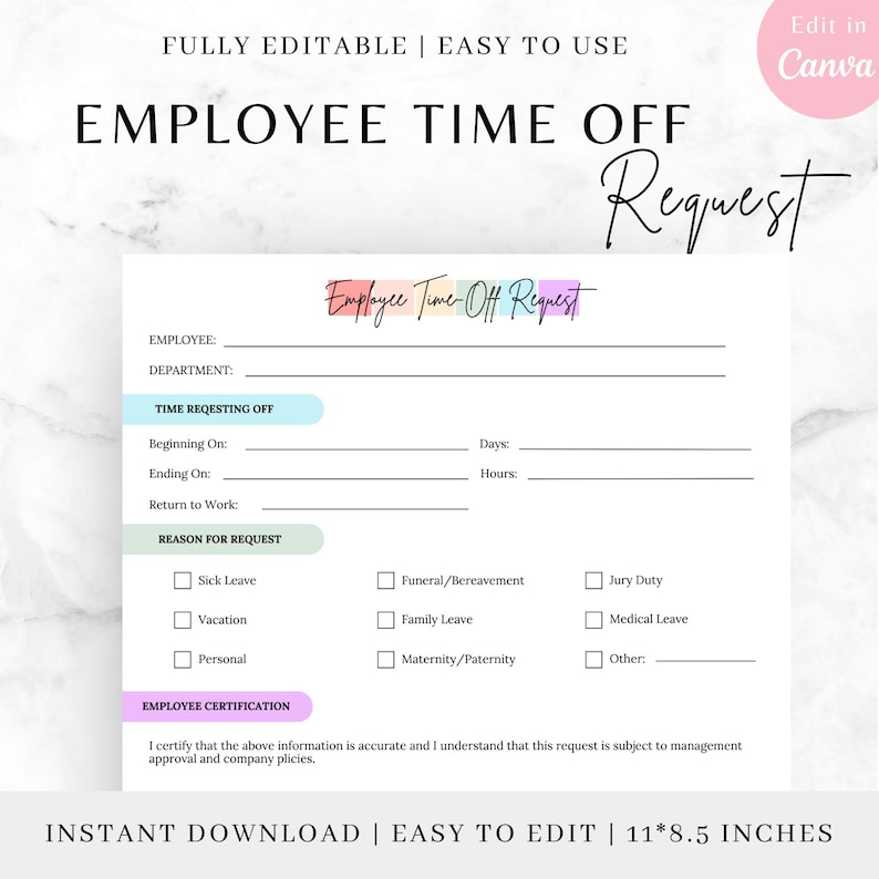 Editable EMPLOYEE TIME OFF, Time off Request, Pto Request Form ...