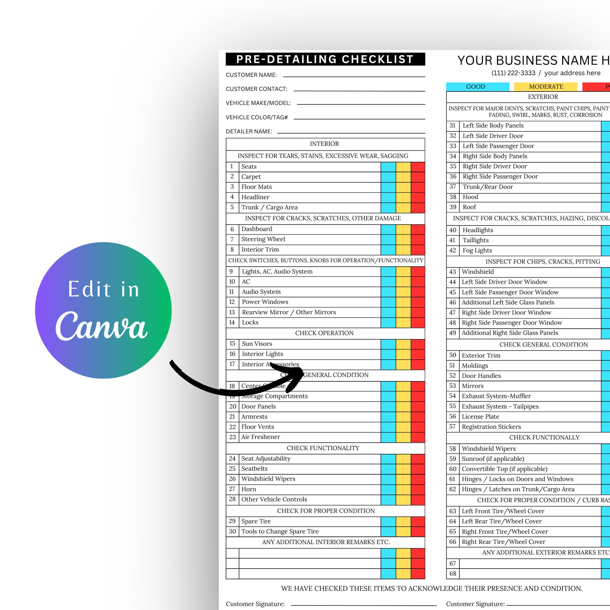 Pre-detailing VEHICLE Inspection,vehicle Inspection Form,multi-point ...