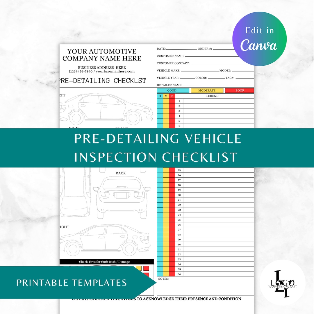 PRE-DETAIL VEHICLE Template, Vehicle Detailing, Detailing Checklist ...