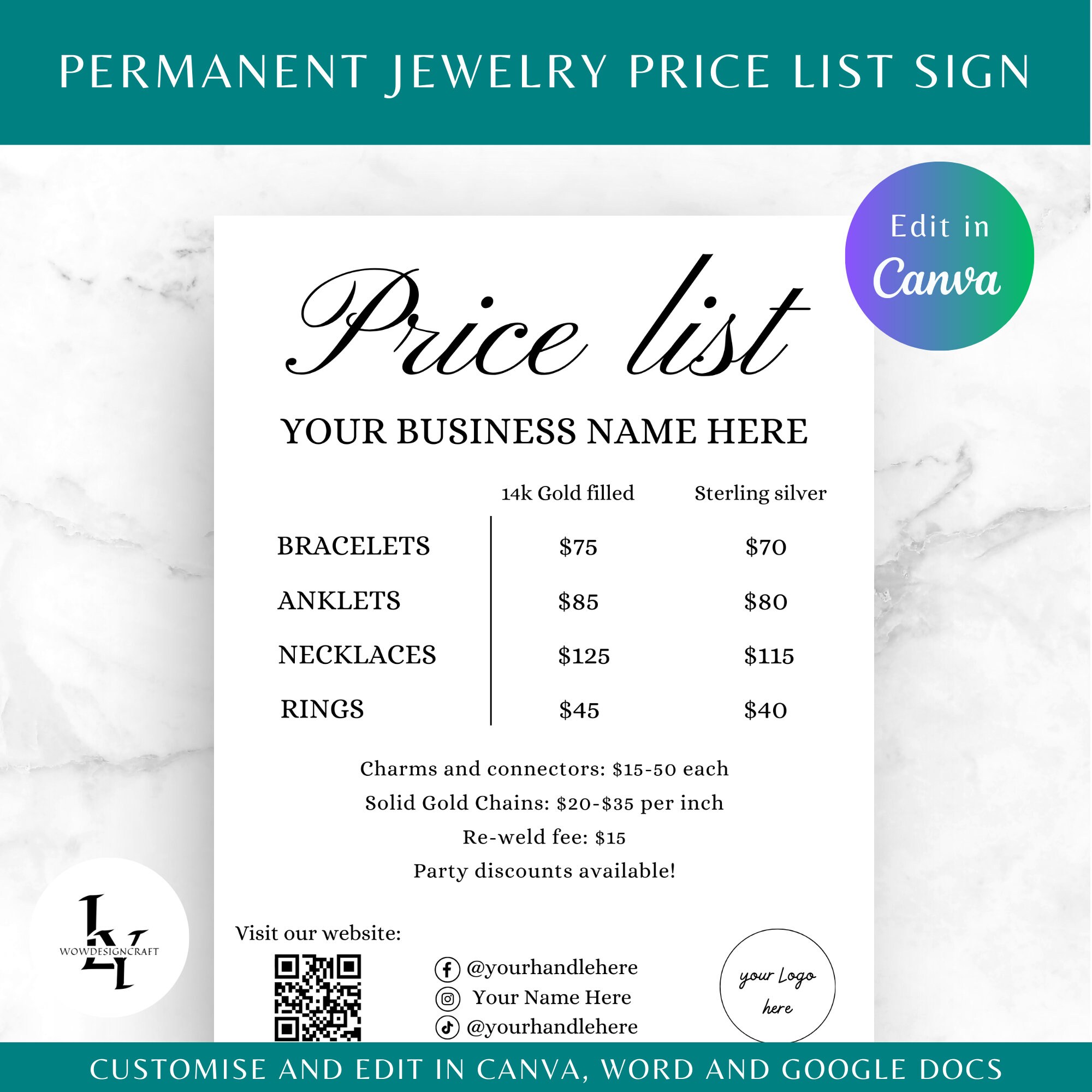 PERMANENT JEWELRY PRICE, List Sign, Permanent Jewelry, Permanent ...