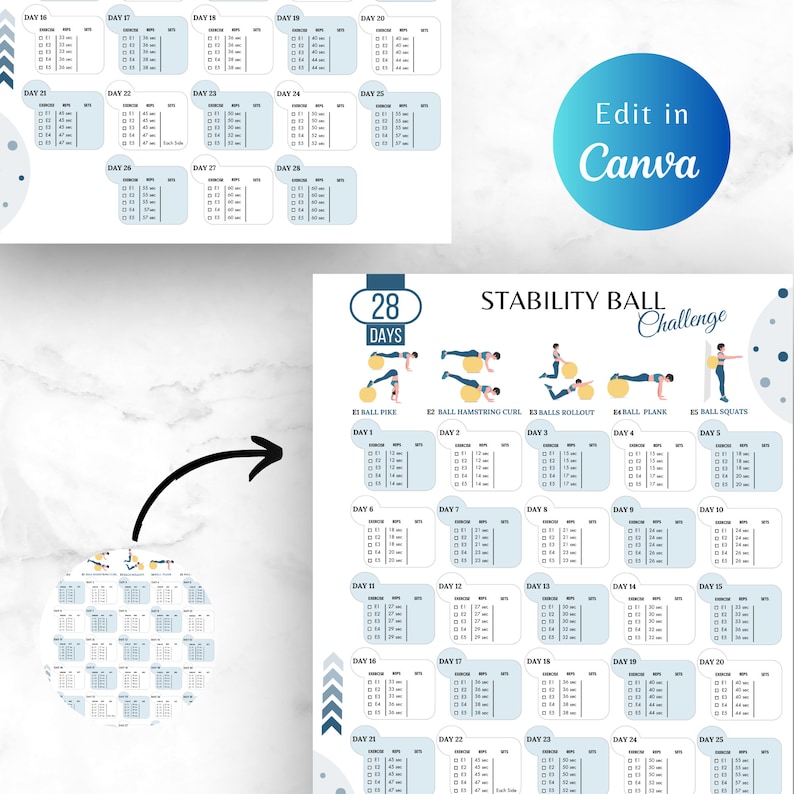 Editable 28 DAYS STABILITY Ball Challenge, Stability Ball Exercise ...