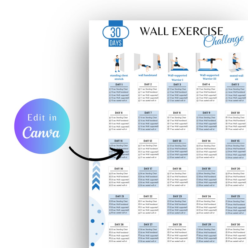 Editable 30 DAYS Wall Exercise Challenge, Wall Exercise, 30 Days ...