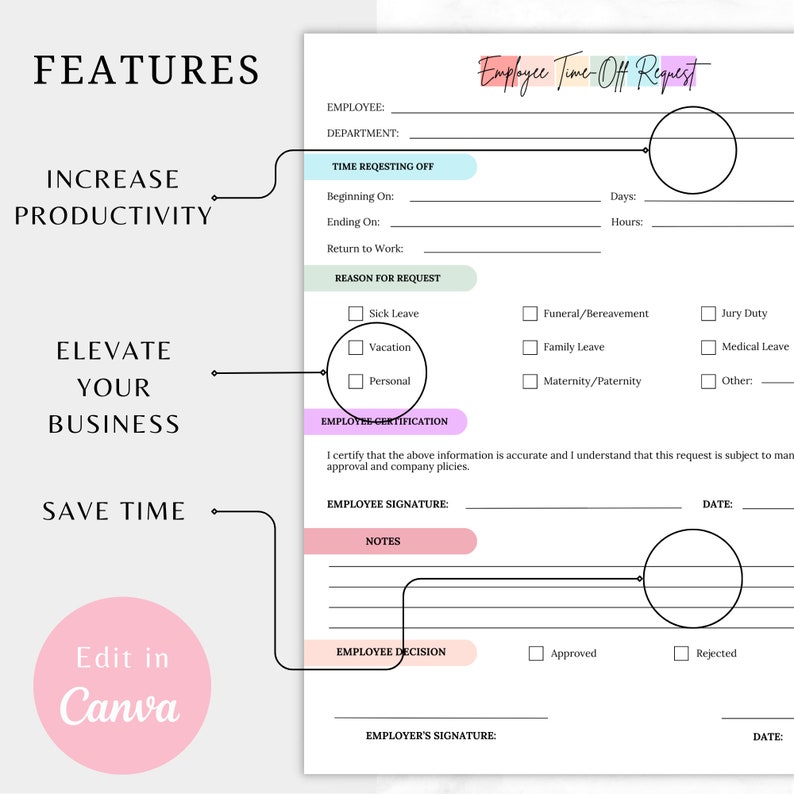 Editable EMPLOYEE TIME OFF, Time off Request, Pto Request Form ...