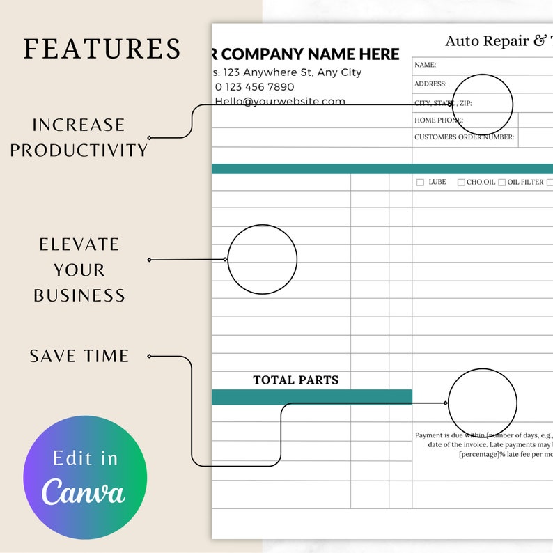 AUTO REPAIR INVOICE, Car Repair Invoice, Tire Repair Invoice, Auto ...