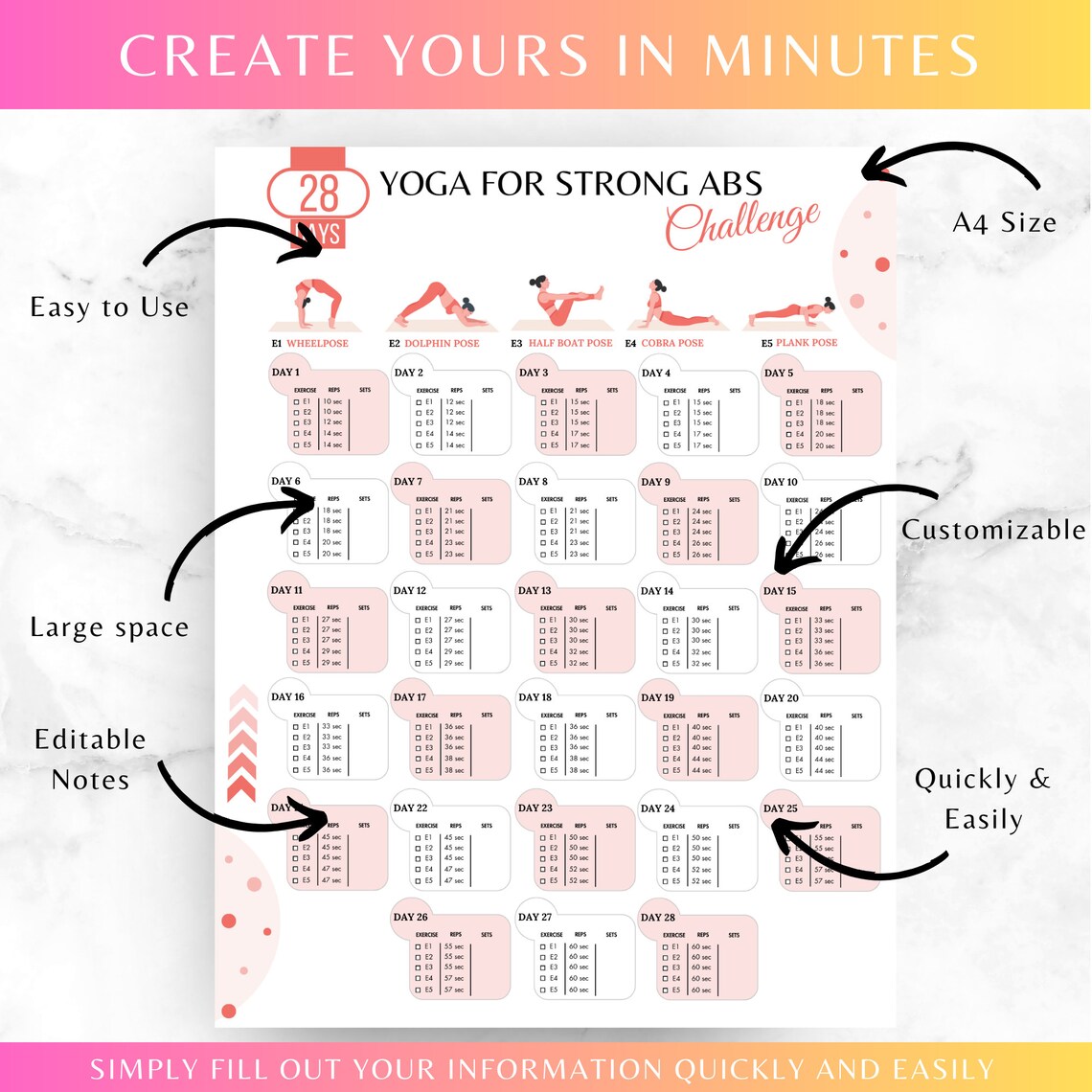 Editable 28 DAYS Yoga for Strong ABS Challenge, Strong Abs, 28 Days ...