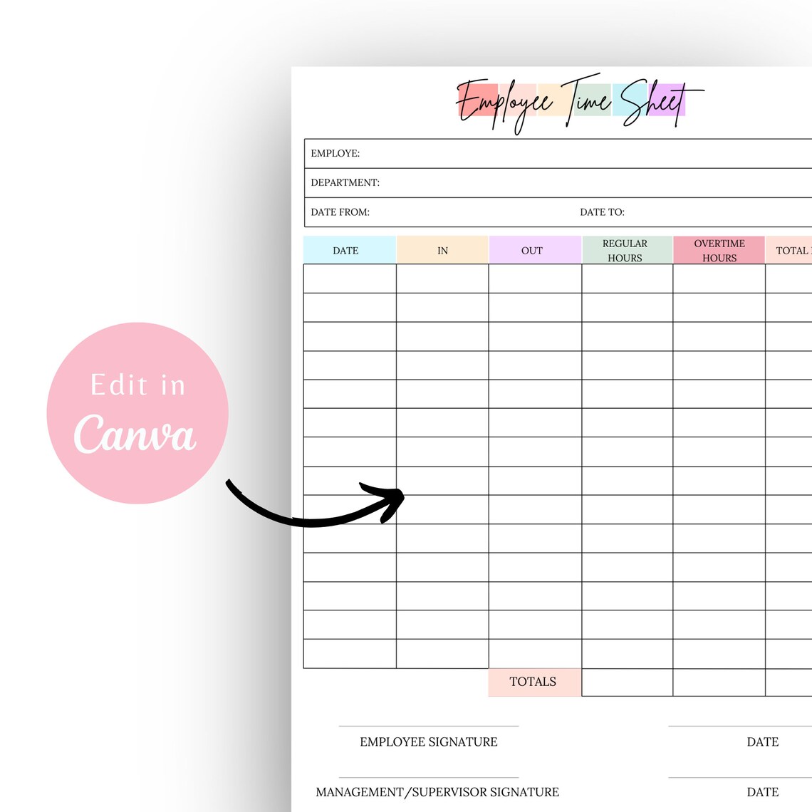 Editable EMPLOYEE TIME SHEET, Time Keeping Log, Printable Time Sheet ...