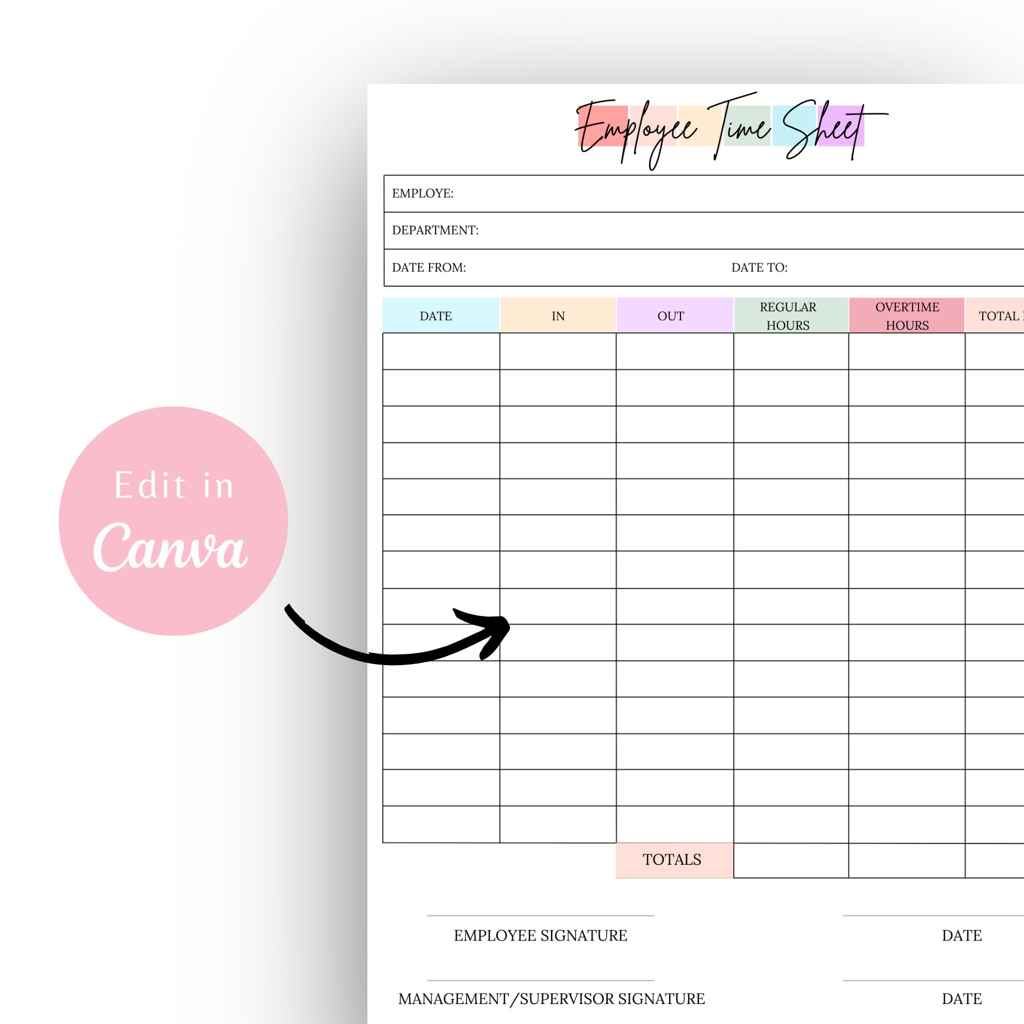 Editable EMPLOYEE TIME SHEET, Time Keeping Log, Printable Time Sheet ...