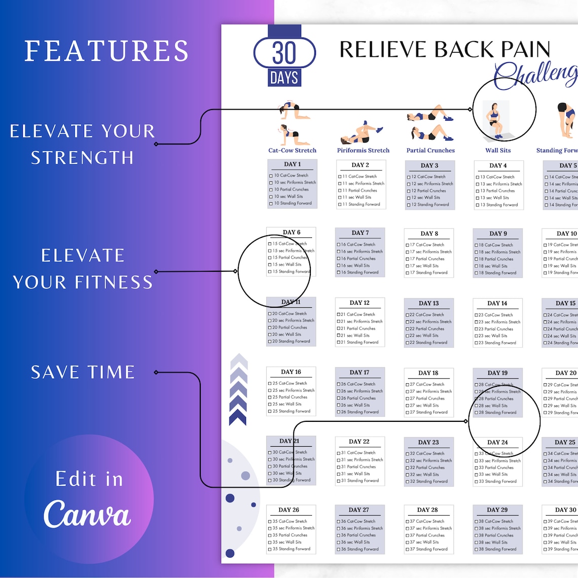 Editable 30 DAYS Relieve Back Pain Challenge, Back Pain, Relieve Back ...