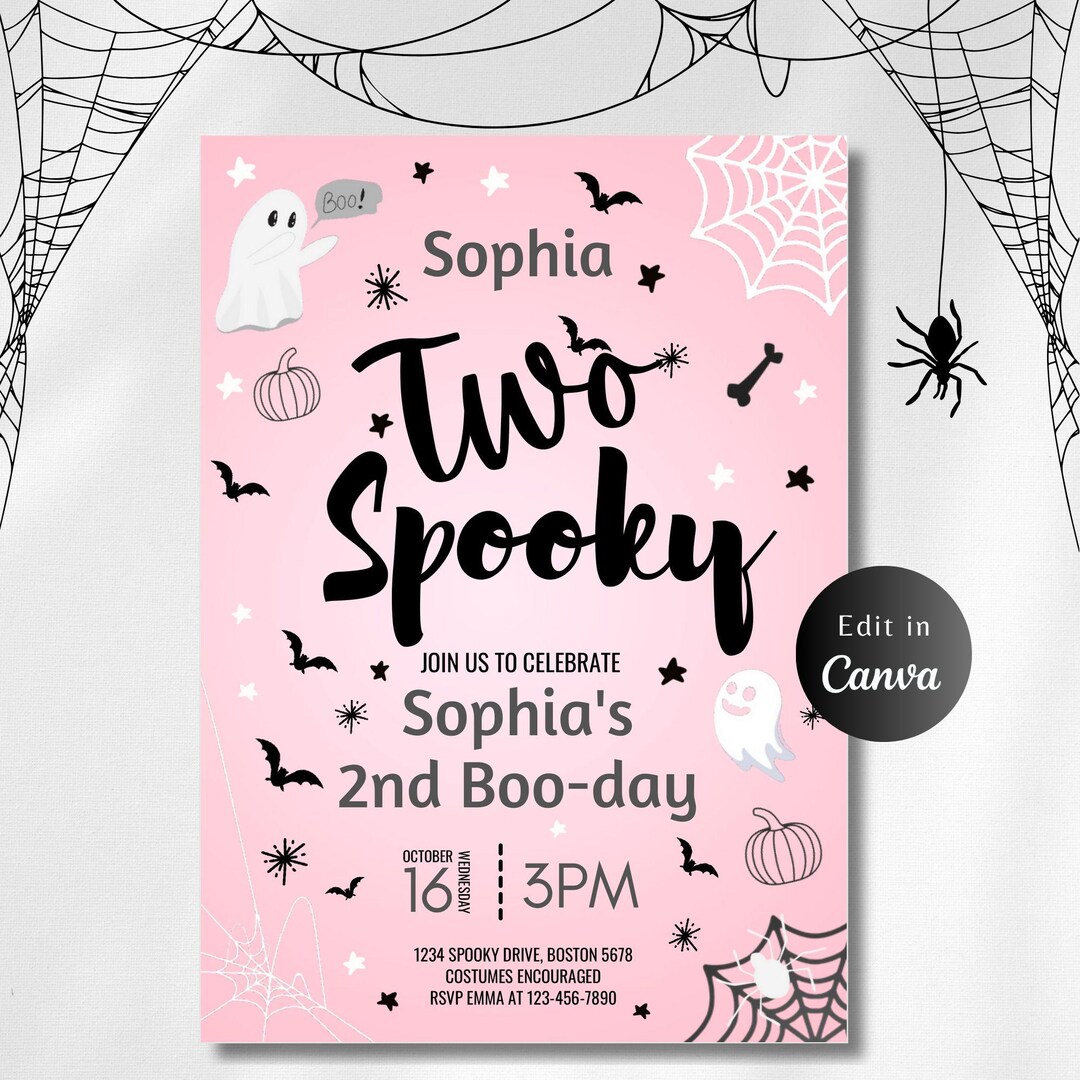 EDITABLE Two Spooky Halloween Ghost 2nd Birthday Party Invitation, Cute ...