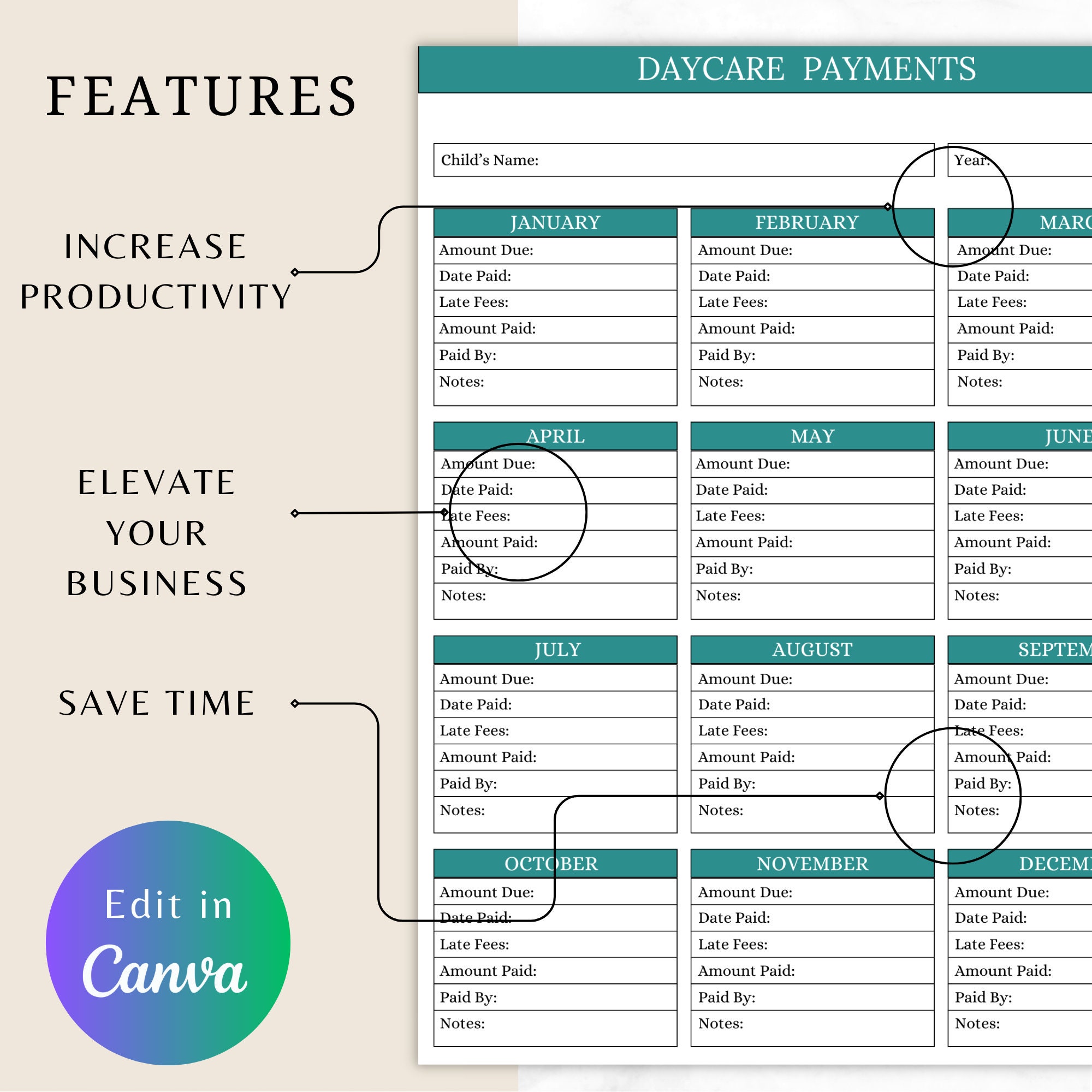 DAYCARE PAYMENTS PRINTABLE, Payment Record, Tuition Log, Home Daycare ...