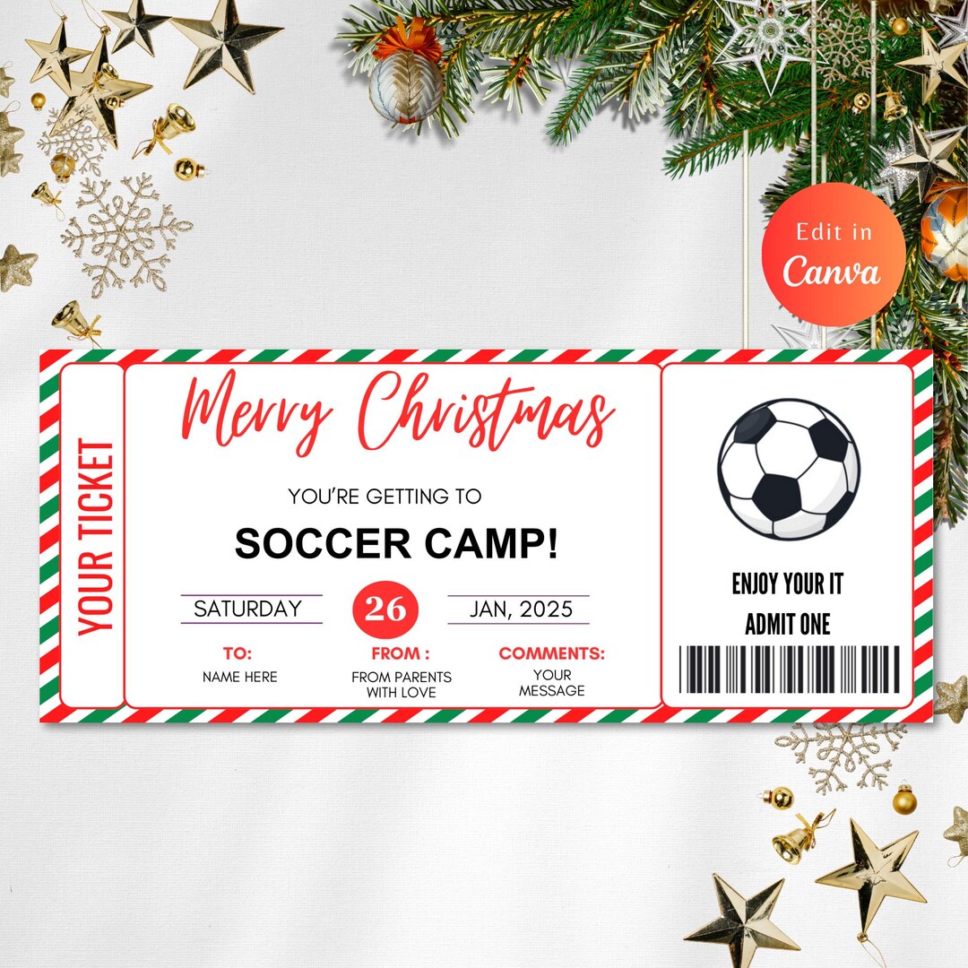 Editable Christmas Soccer Camp Gift Voucher Ticket Template, Surprise ...