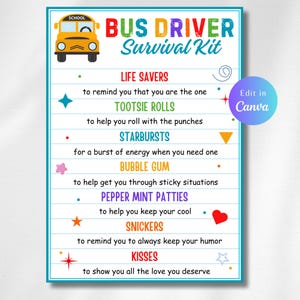 Editable BUS DRIVER Survival Kit Gift Tag, School Bus Driver Thank You ...