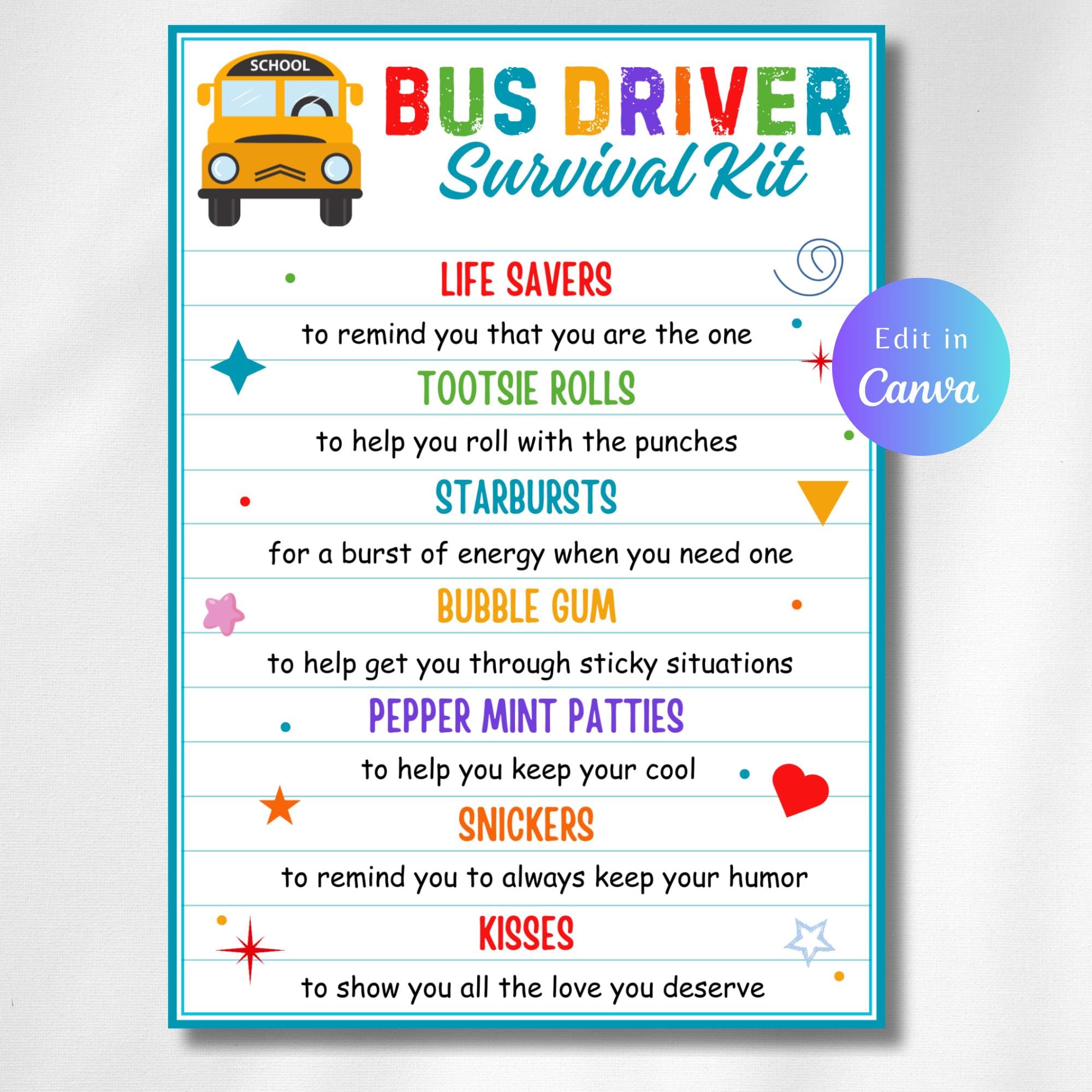 Editable BUS DRIVER Survival Kit Gift Tag, School Bus Driver Thank You ...