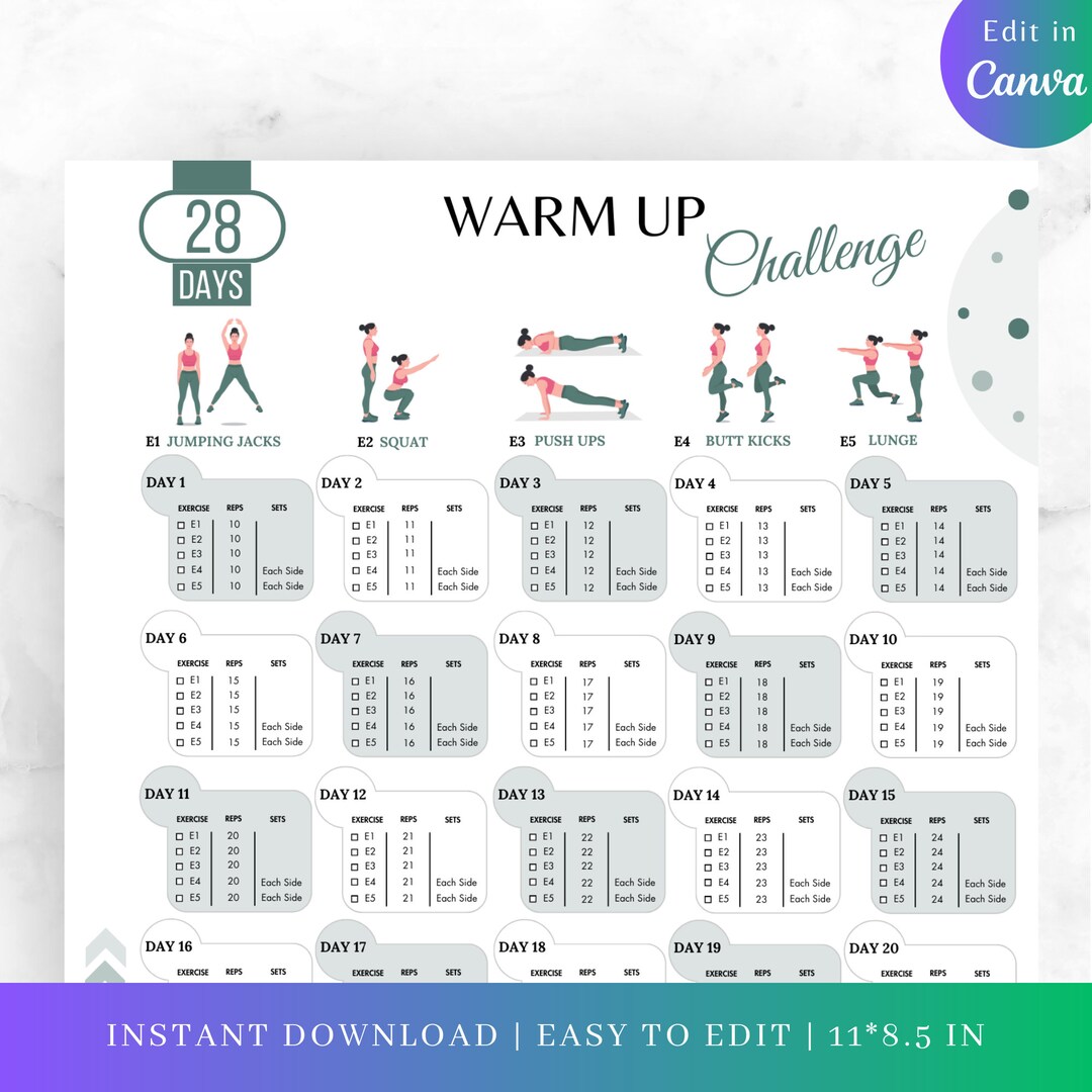 Editable 28 DAYS Warm up Challenge, Warm up Exercise Guide, Warm Up ...