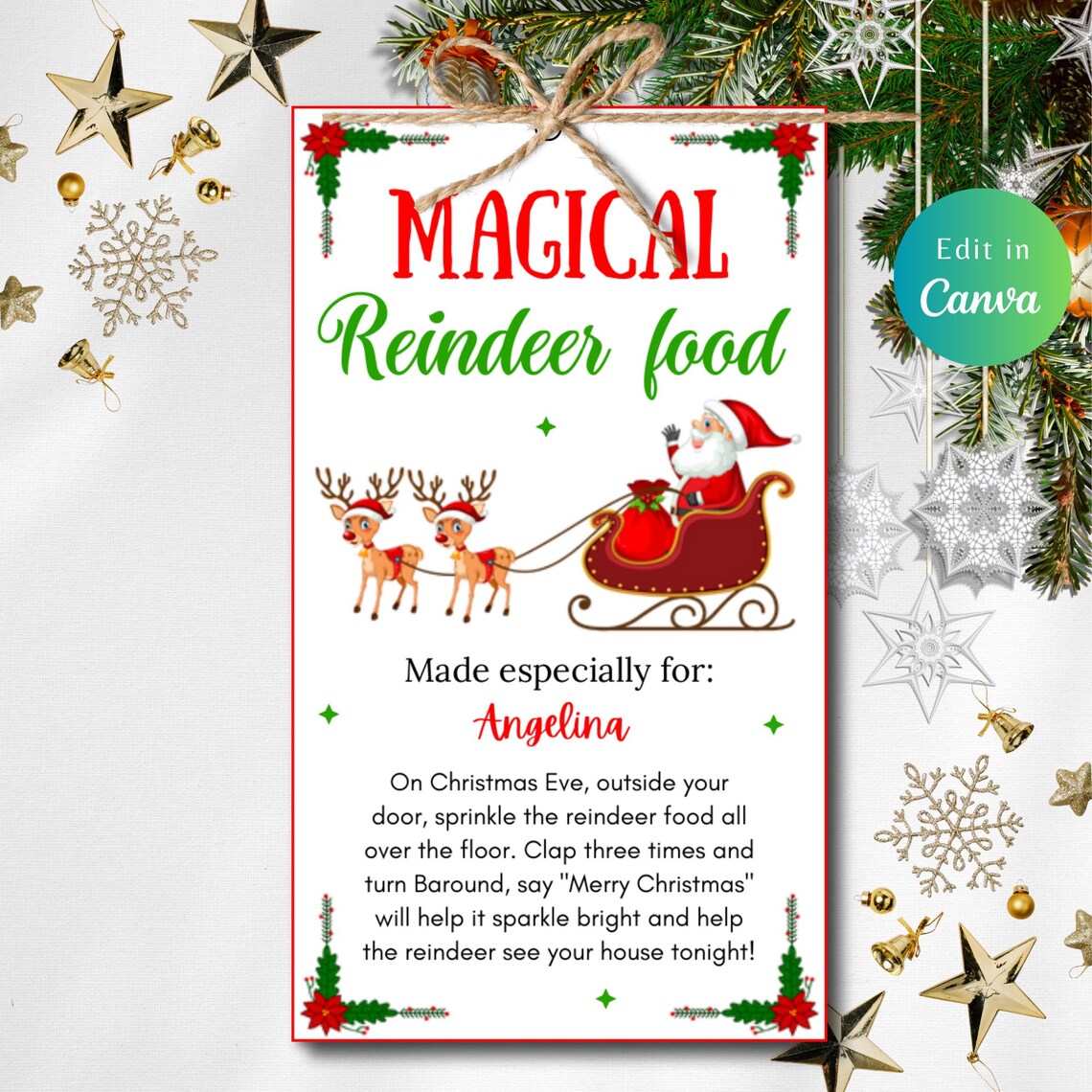 Editable REINDEER Food Tag, Holiday TOPPER, REINDEER Poem for Goody ...