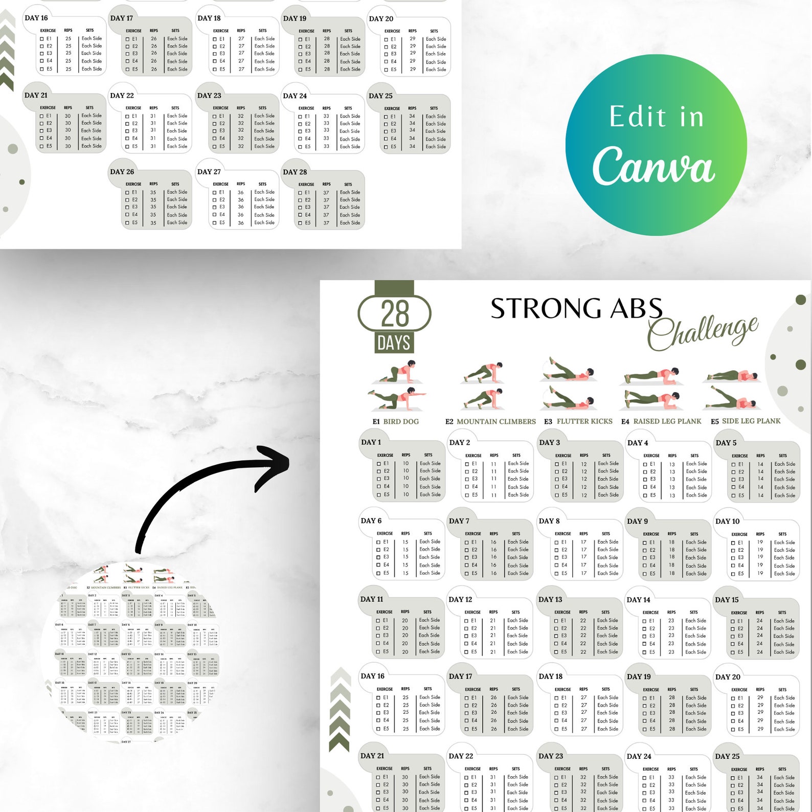Editable 28 DAYS Strong Abs Workout Challenge, 30 DAYS Challenge ...