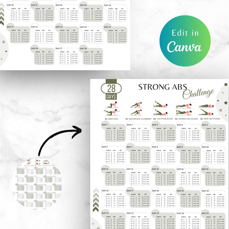 Editable 28 DAYS Strong Abs Workout Challenge, 30 DAYS Challenge ...