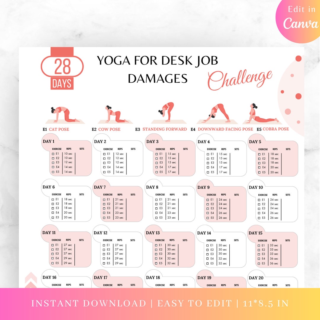 Editable 28 DAYS Yoga Desk Damages Challenge, Yoga Desk Exercise, 28 ...