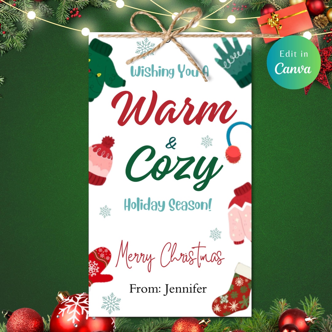 Editable WARM AND Cozy Holiday Season Gift Tag, Merry Christmas Gift ...
