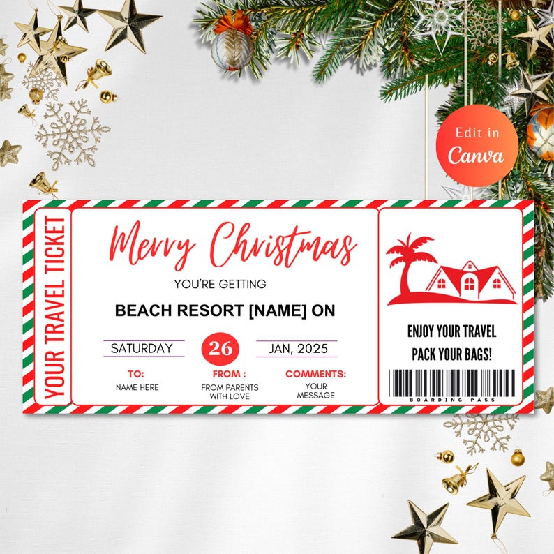 EDITABLE Beach Vacation Travel Ticket, Christmas Gift Editable Template ...
