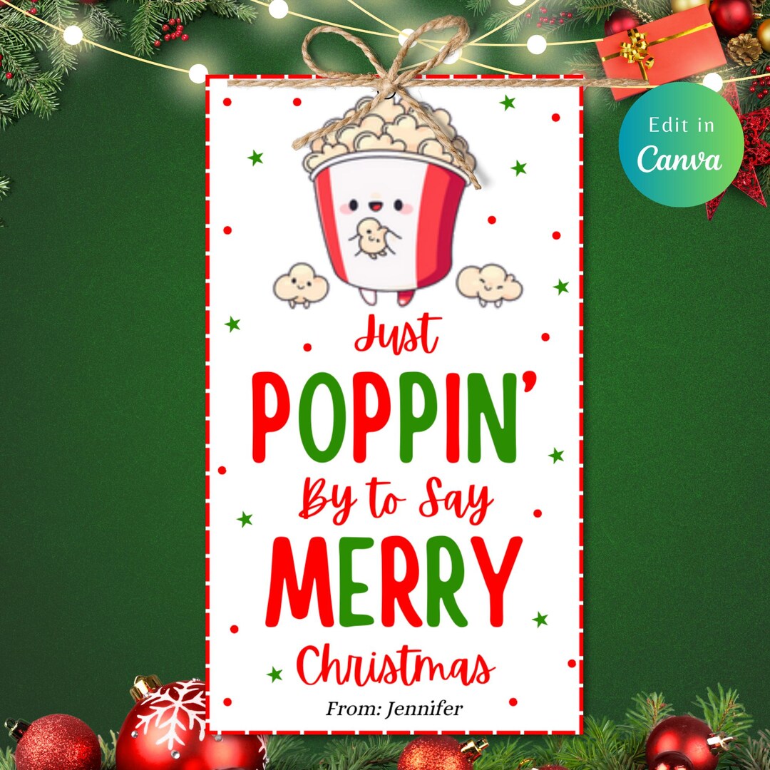 CHRISTMAS POPCORN GIFT Tag, Holiday Popcorn Treat Bag Tag Printable ...