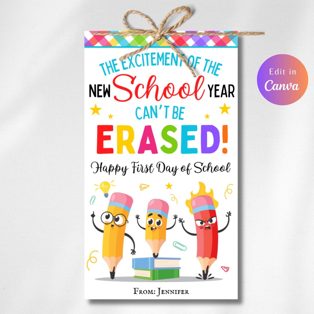 Editable ERASER BACK to School Supplies Tag, Pencil Gift Tag, First Day ...