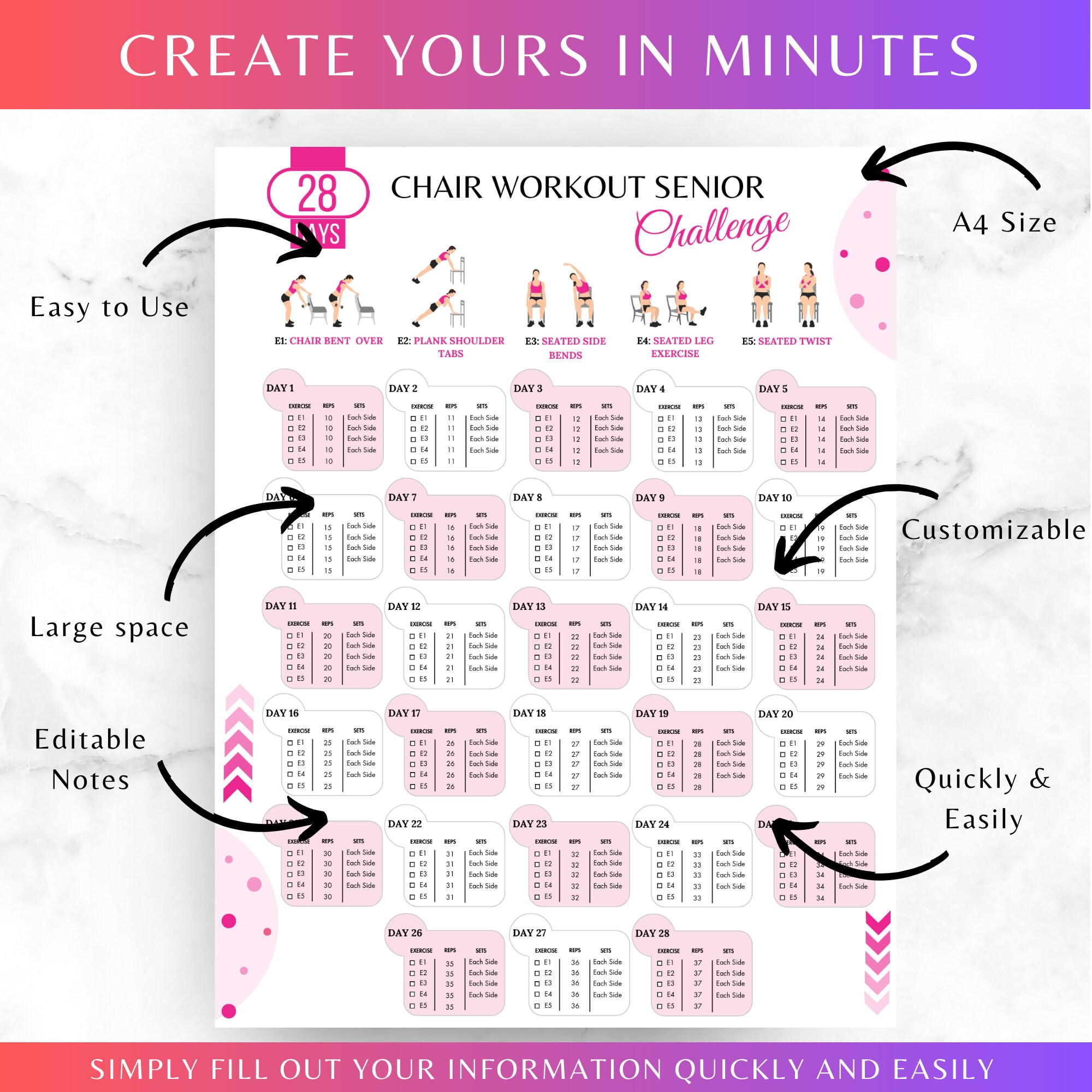 Editable 28 DAYS Chair Workout Seniors Challenge, Chair Workout Seniors ...