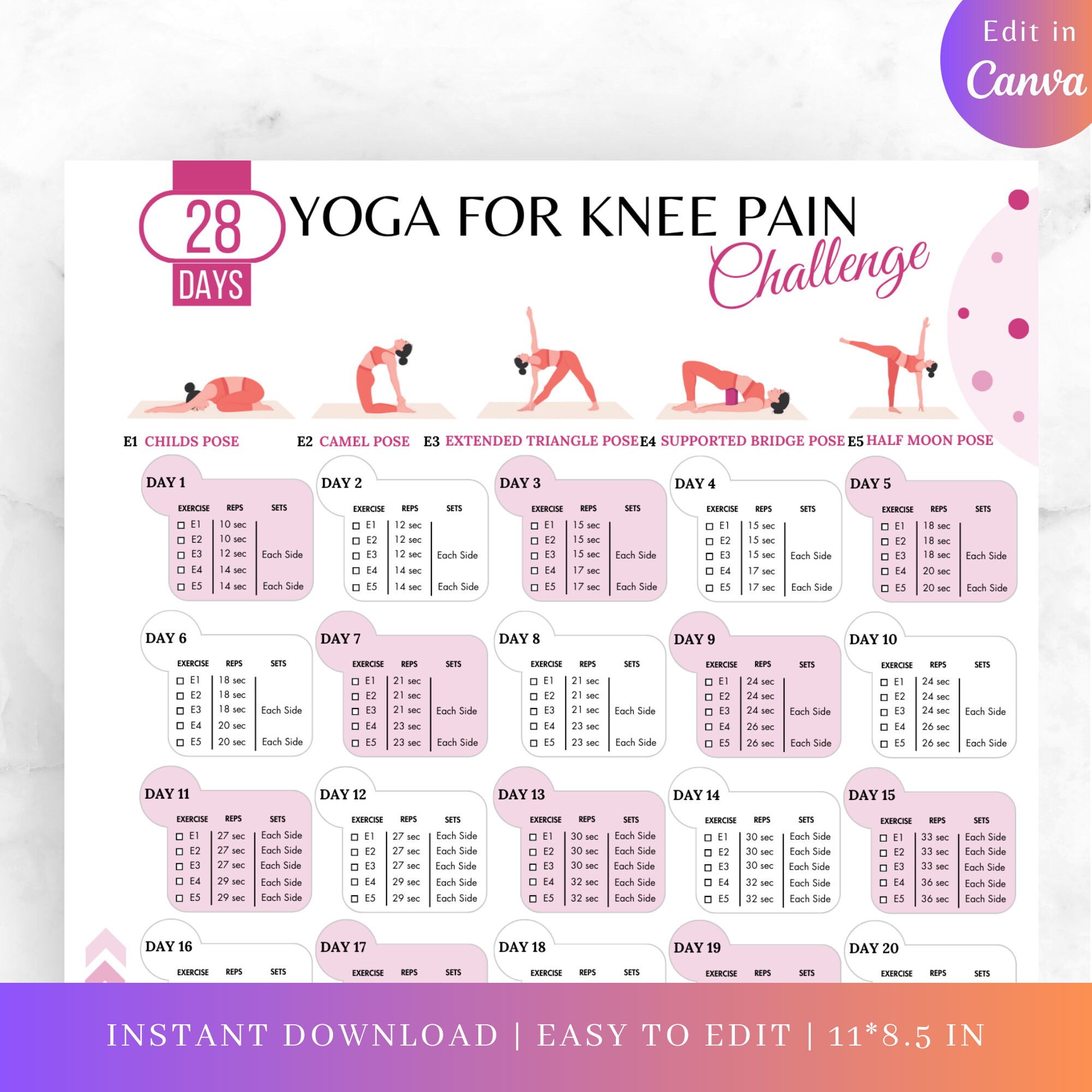 28 Days Knee Pain Challenge | Digital Workout Guide | Workout Planner ...