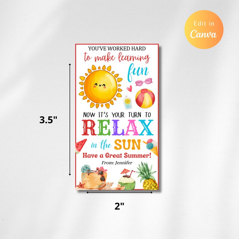 Editable Teacher Appreciation Gift Tag Your Turn to Relax in the Sun ...