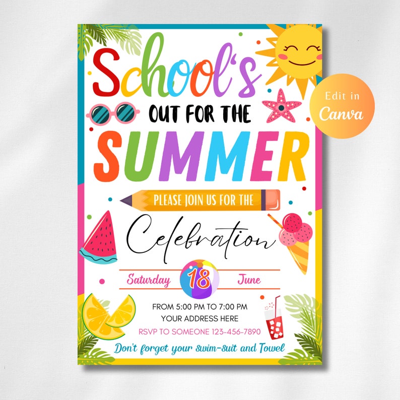 Editable Hello Summer Digital Invitation, End of Year Party, Post on ...