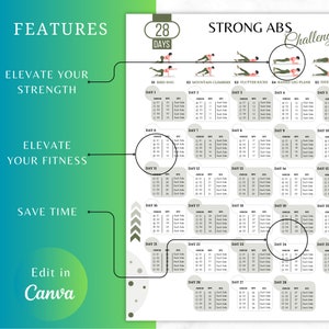 Editable 28 DAYS Strong Abs Workout Challenge, 30 DAYS Challenge ...