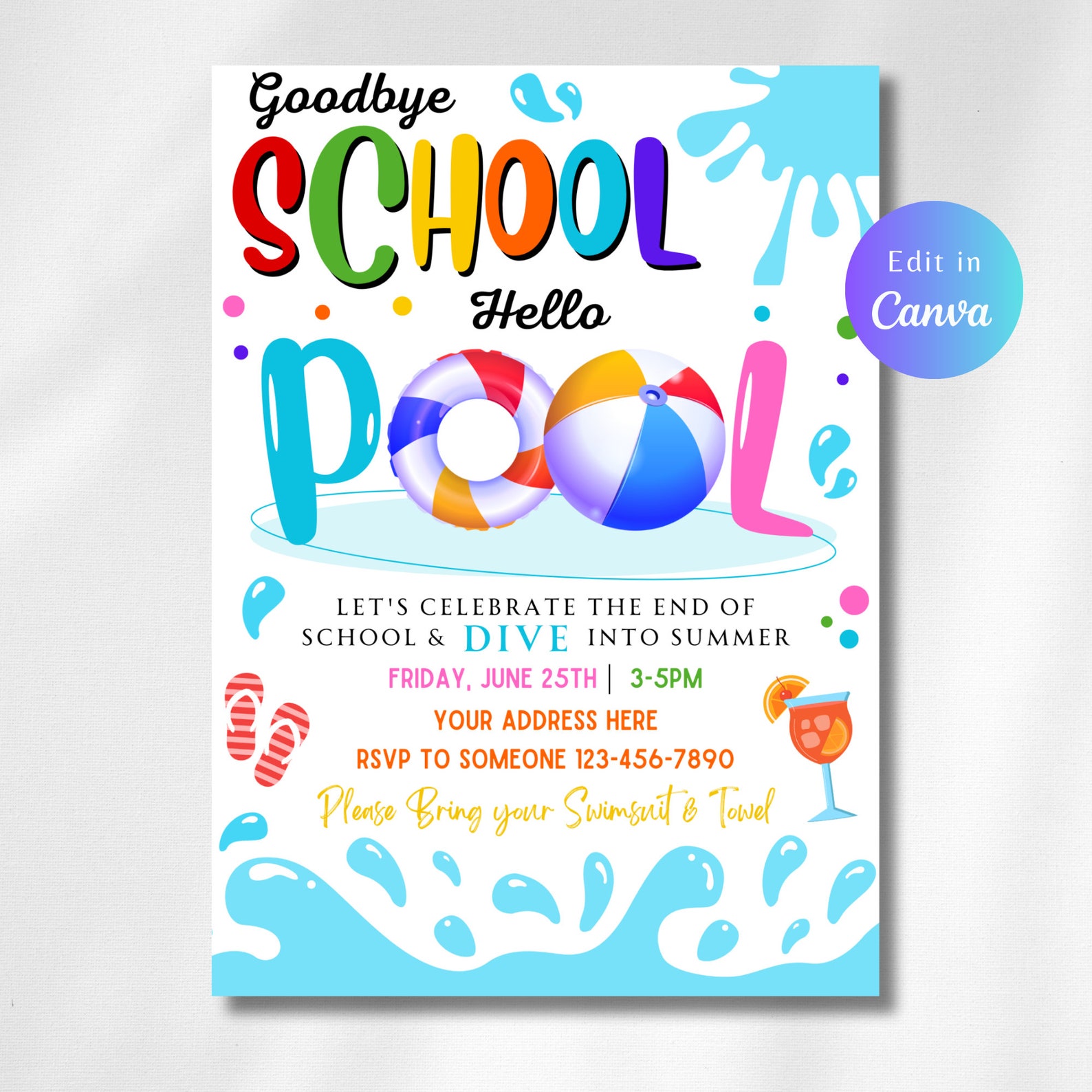 Editable End of School Party Invitation, Hello Summer, Goodbye Schools ...