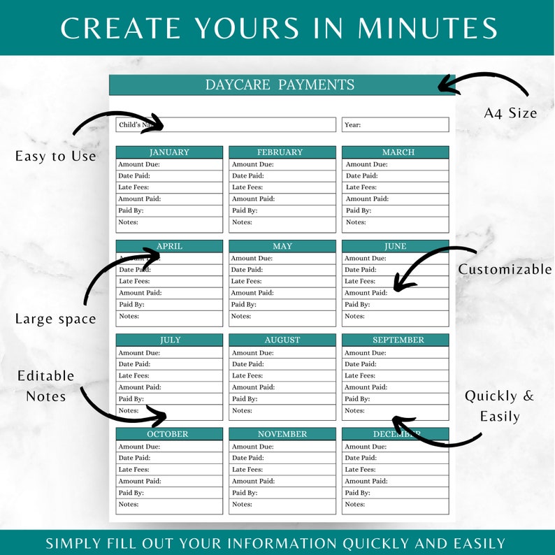 DAYCARE PAYMENTS PRINTABLE, Payment Record, Tuition Log, Home Daycare ...