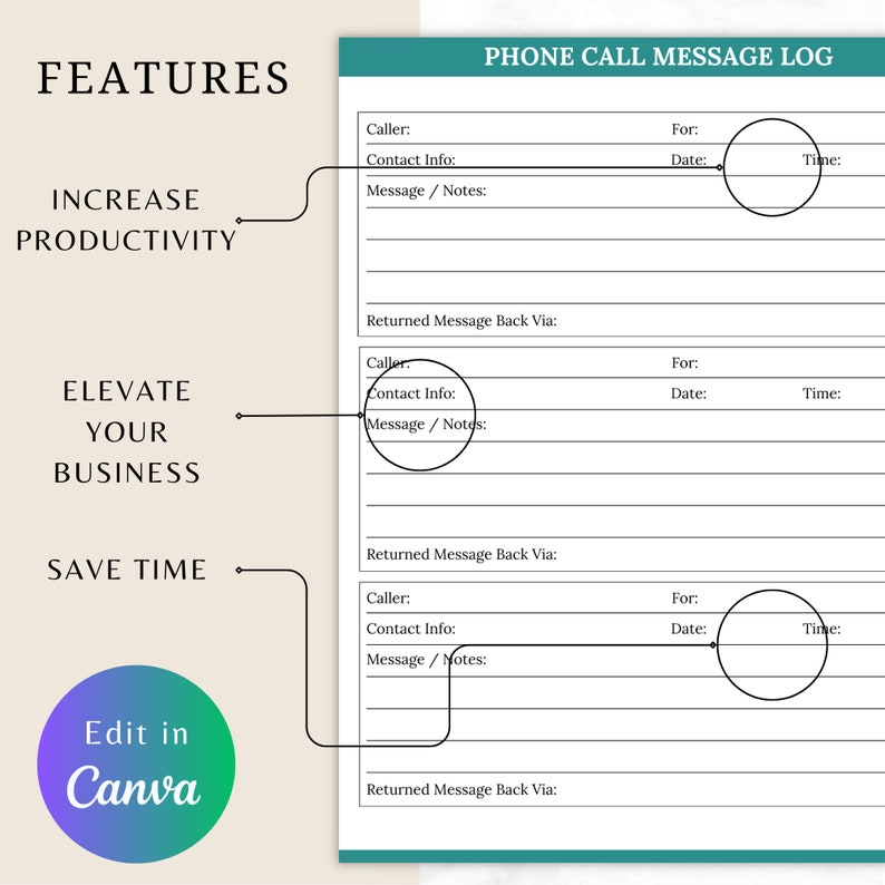 PHONE CALL MESSAGE Log, Missed Call Log, Phone Call Tracker, Phone ...