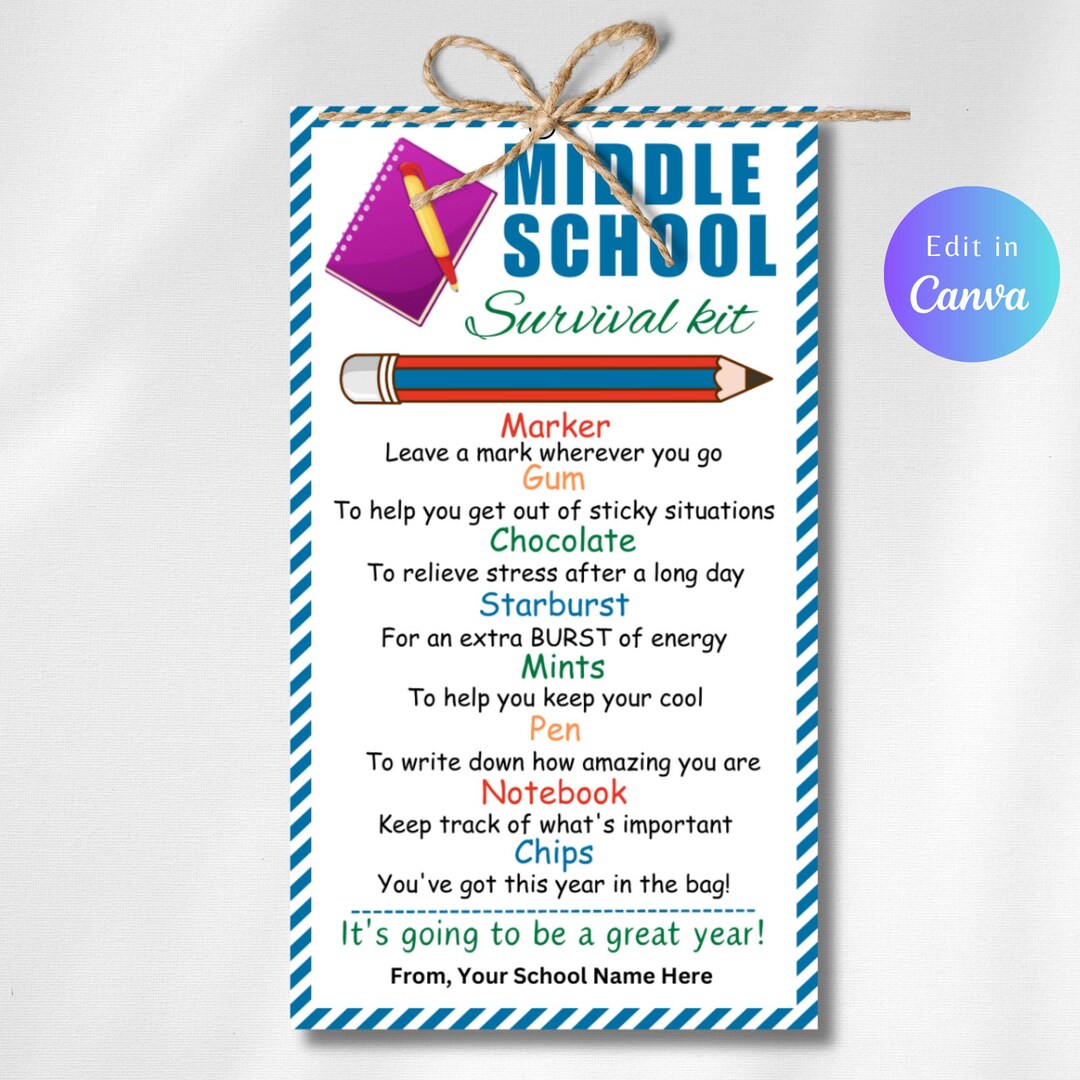Editable MIDDLE SCHOOL Survival Kit Gift Tags, Middle School Gift ...