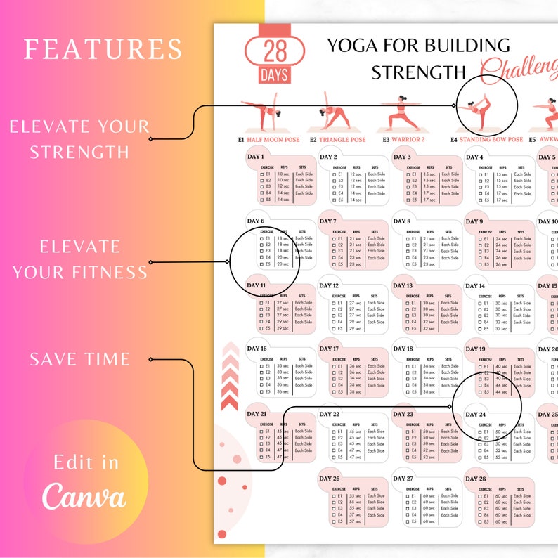 Editable 28 DAYS Yoga for Building Strength Challenge, Building ...