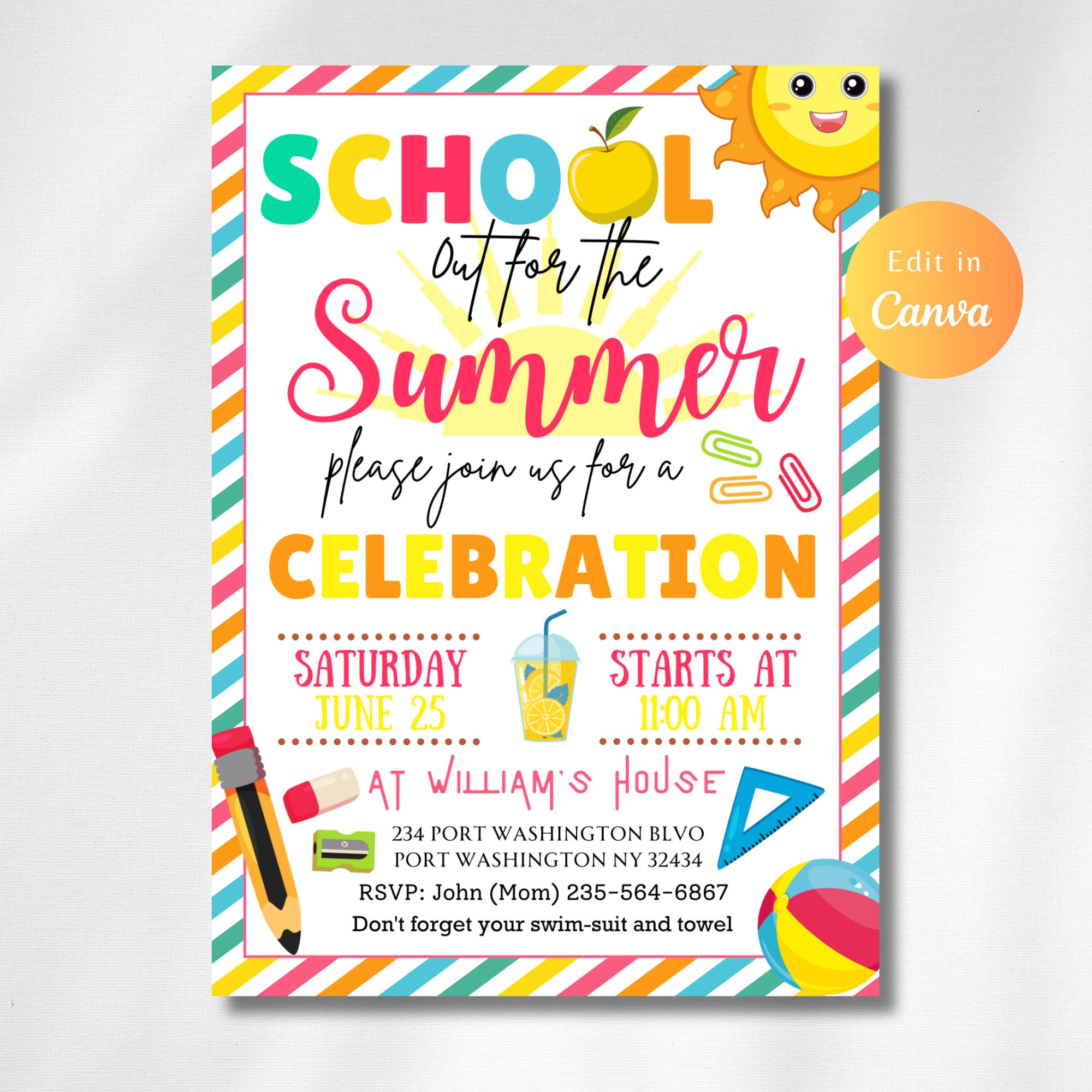 Editable Hello Summer Digital Invitation, End of Year Party, Post on ...