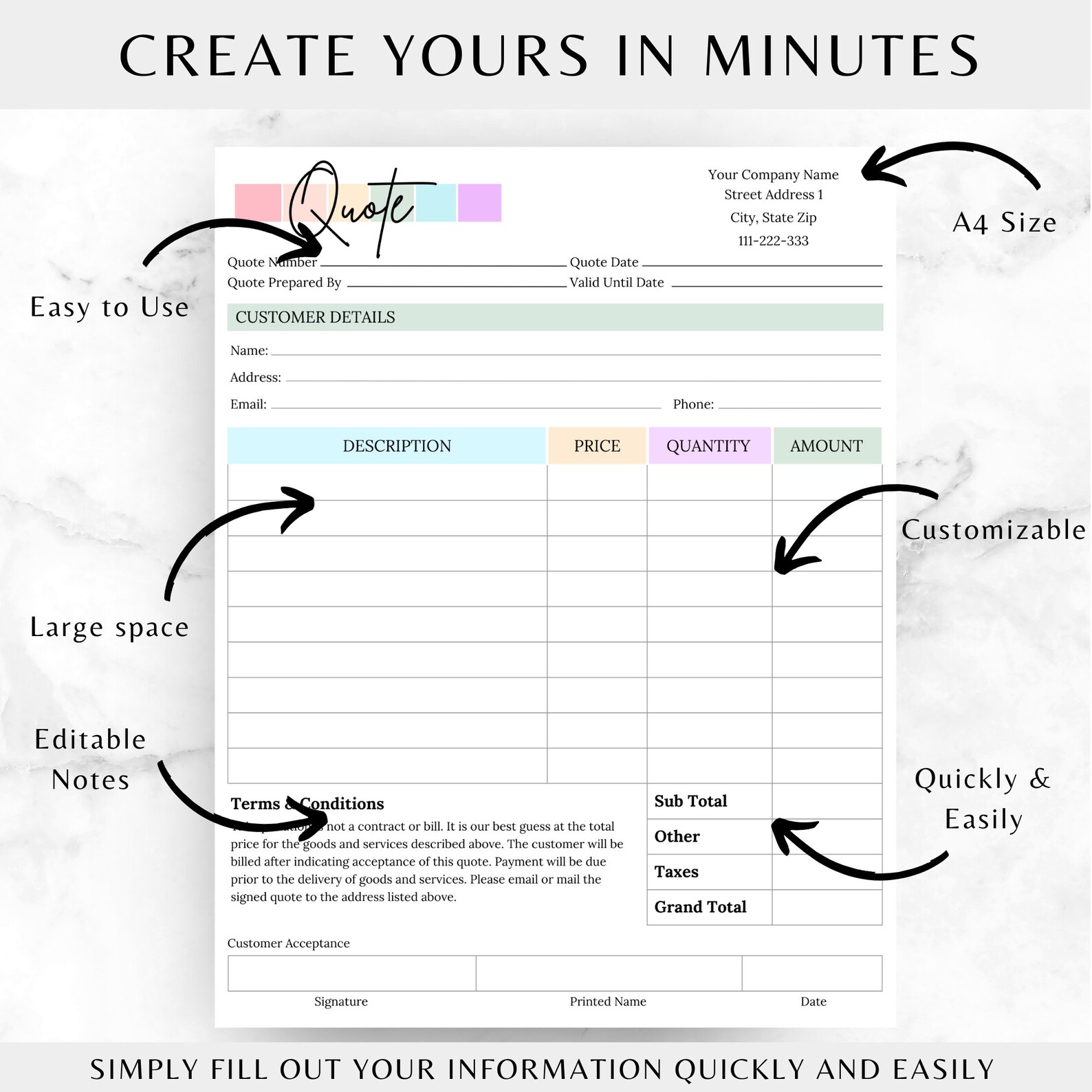 EDITABLE QUOTE FORM, Price Estimate, Quote Proposal, Quote Template ...