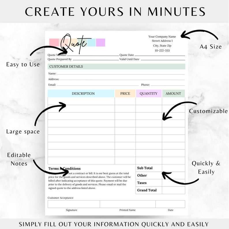 EDITABLE QUOTE FORM, Price Estimate, Quote Proposal, Quote Template ...