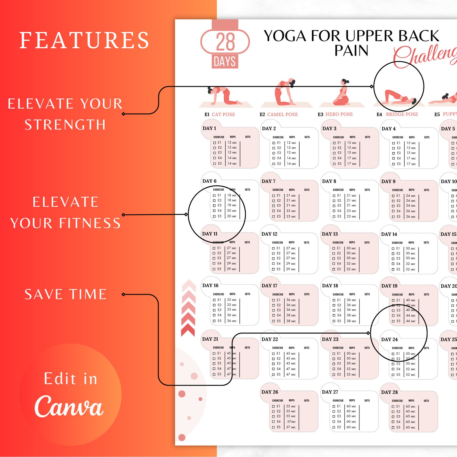 Editable 28 Days Yoga for Upper Back Pain Challenge, Back Pain, Upper ...