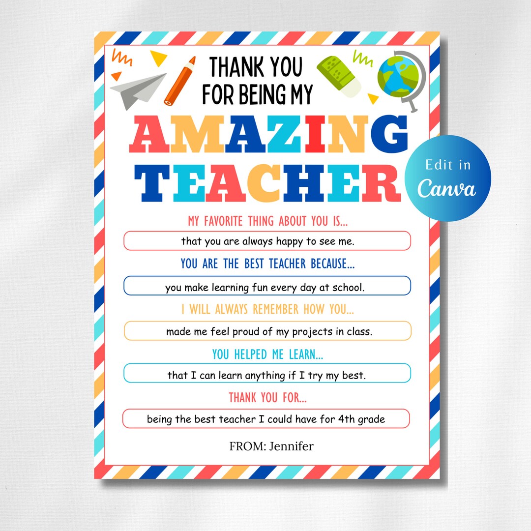 Editable Thank You for Teacher Appreciation End of School Year, Thanks ...