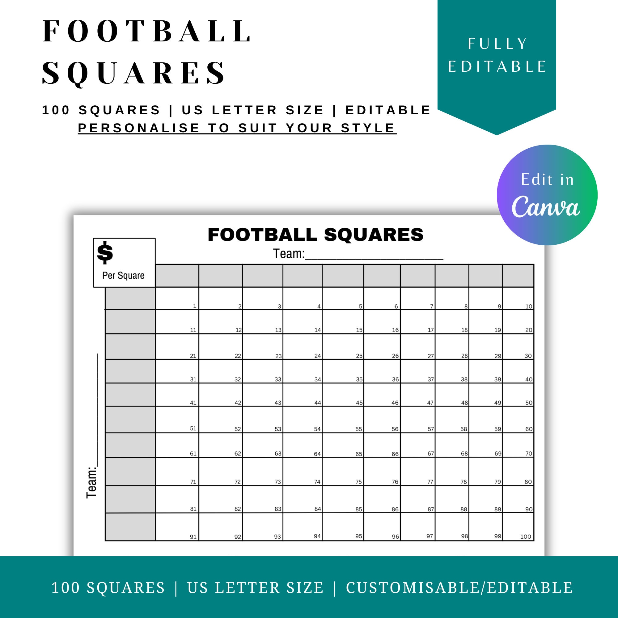 SQUARE FOOTBALL SQUARE, Football Square Grid, 100 Square Board ...