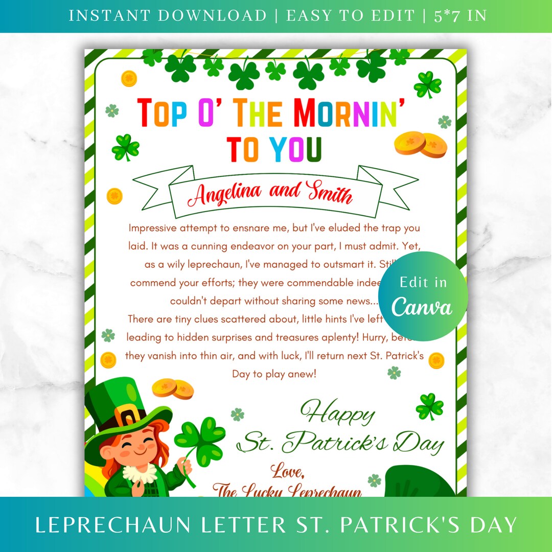 EDITABLE LEPRECHAUN LETTER St. Patrick' Day, Leprechaun Printable ...