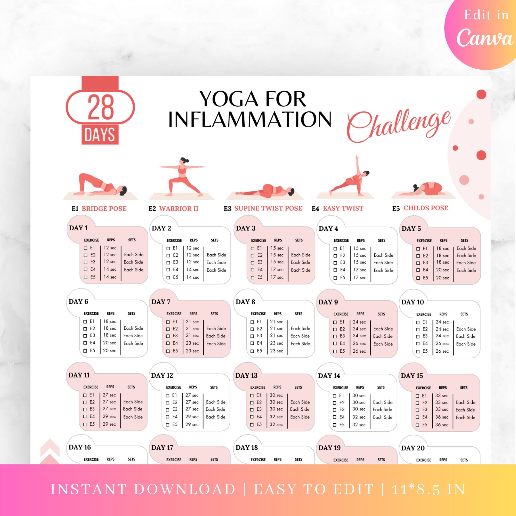 Editable 28 DAYS Yoga for Inflammation Challenge, Yoga Workout, 28 Days ...