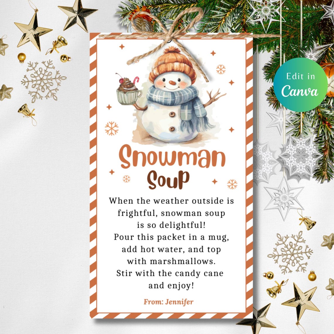 Editable SNOWMAN SOUP Hot Chocolate Gift Tag, Snowman, Soup, Hot Cocoa ...