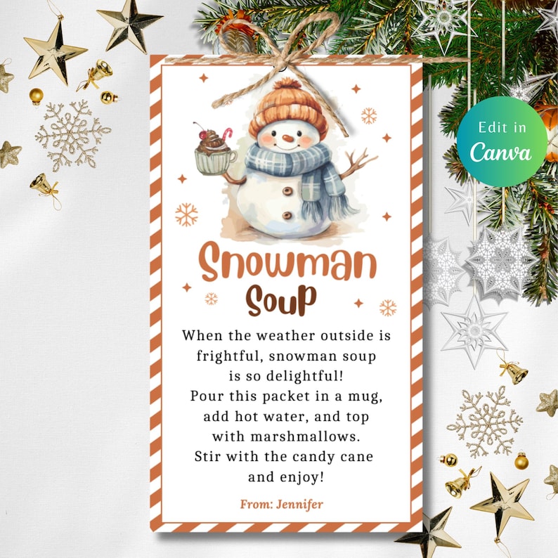 Editable SNOWMAN SOUP Hot Chocolate Gift Tag, Snowman, Soup, Hot Cocoa ...