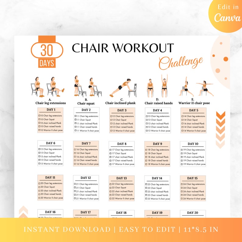 Editable 30 DAYS Chair Exercises Challenge, Chair Exercises, 30 Days ...