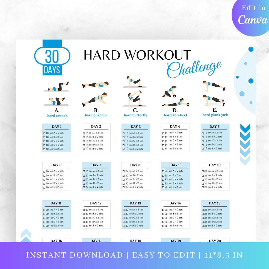 Editable 30 DAYS Hard Workout Challenge, Hard Workout, 30 Days ...