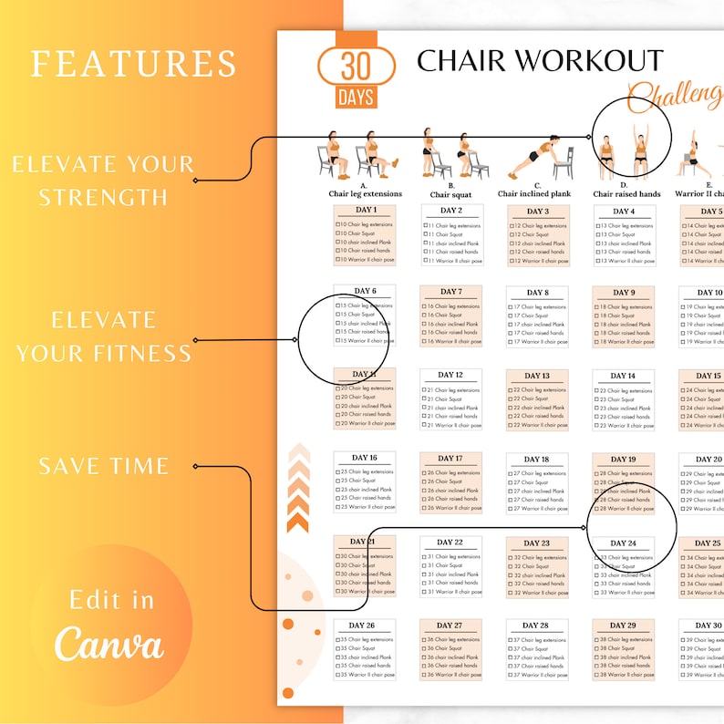 Editable 30 DAYS Chair Exercises Challenge, Chair Exercises, 30 Days ...