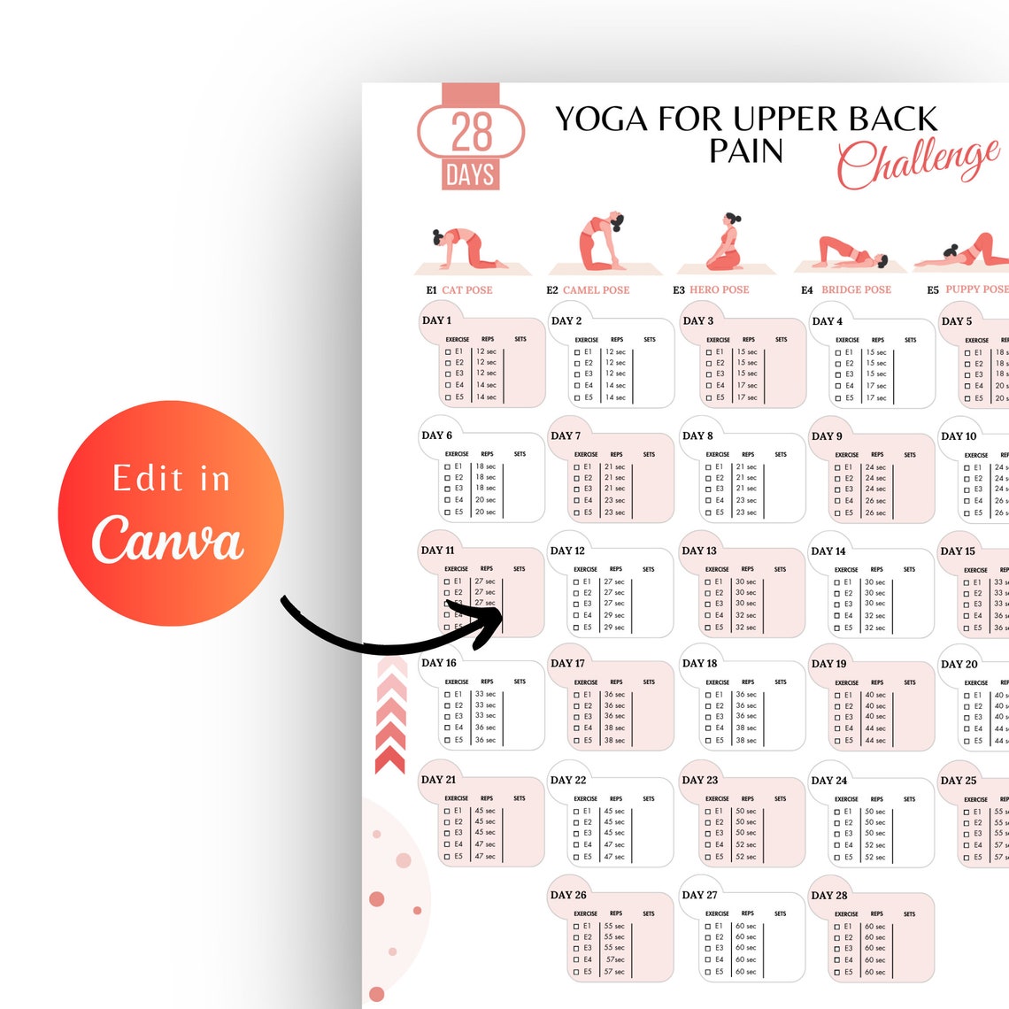 Editable 28 Days Yoga for Upper Back Pain Challenge, Back Pain, Upper ...